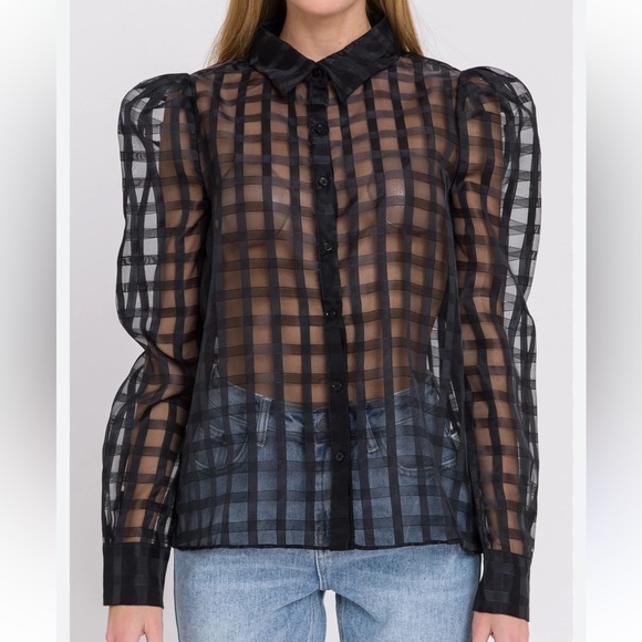 English Factory | Tops | English Factory Sheer Windowpane Button Down Puff Sleeve Top Black ...